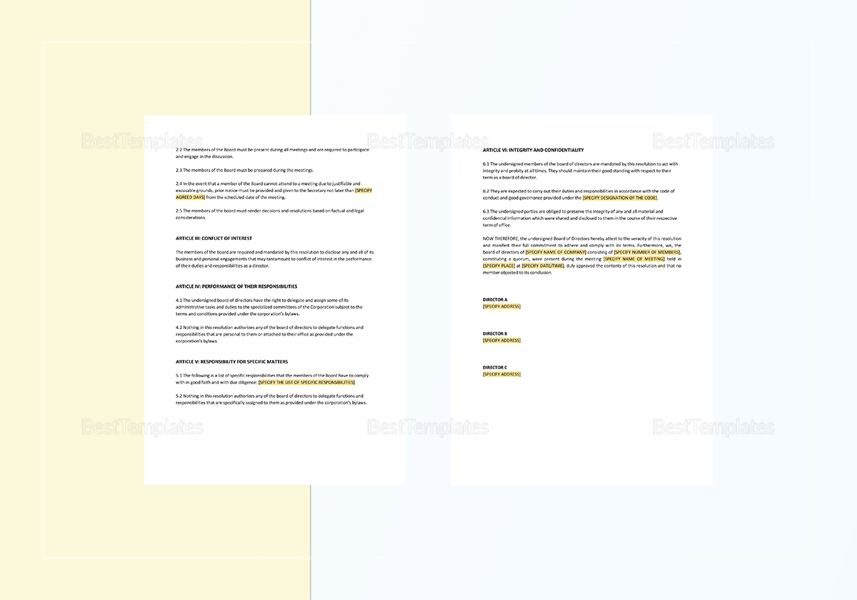 Board Resolution Approving Job Description & Code of Conduct Template ...