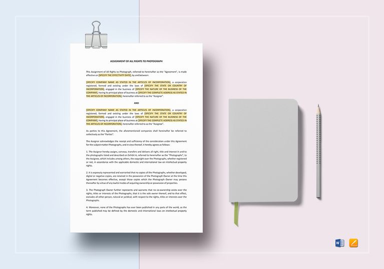 Assignment of All Rights To Photograph Template in Word, Apple Pages