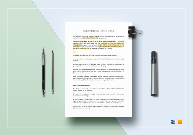 Agreement for Chairman of Board of Directors Template in Word, Apple Pages