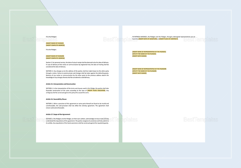 Pledge of Shares of Stock Template in Word, Apple Pages