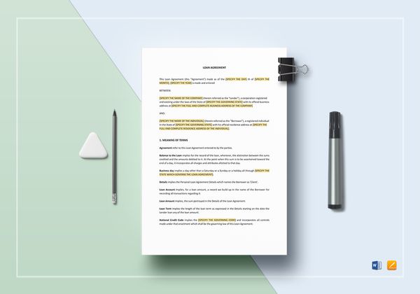 Loan Agreement Template in Word, Apple Pages