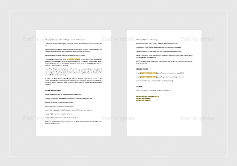 Sales Engineer Job Description Template in Word, Apple Pages