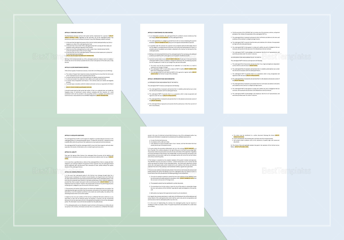 Maintenance Services Contract Template in Word, Apple Pages
