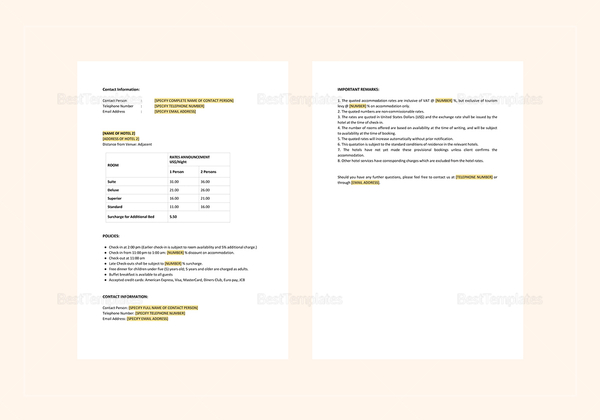 Accommodation Quotation Template in Word, Apple Pages
