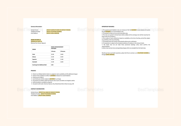 Accommodation Quotation Template in Word, Apple Pages