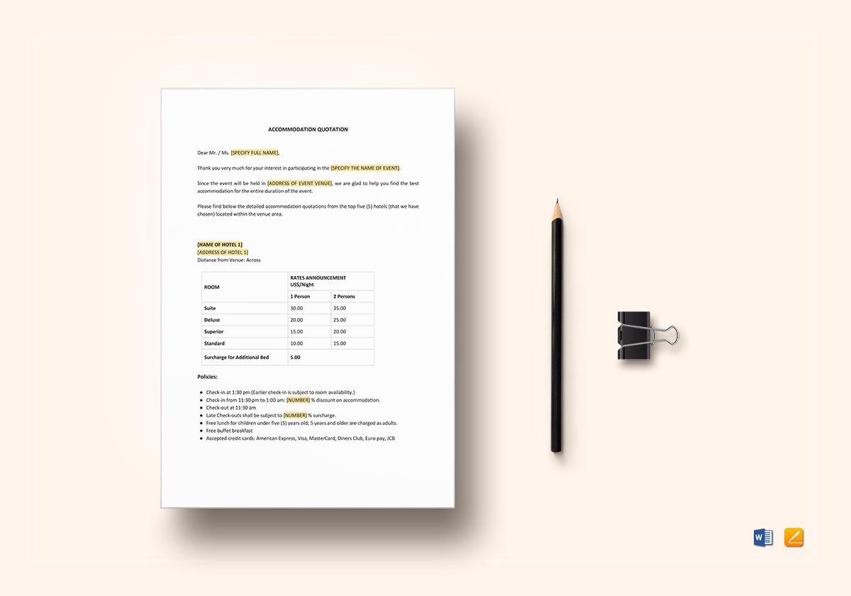 Accommodation Quotation Template in Word, Apple Pages