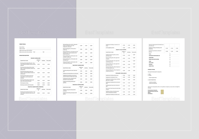Renovation Quotation Template in Word, Apple Pages