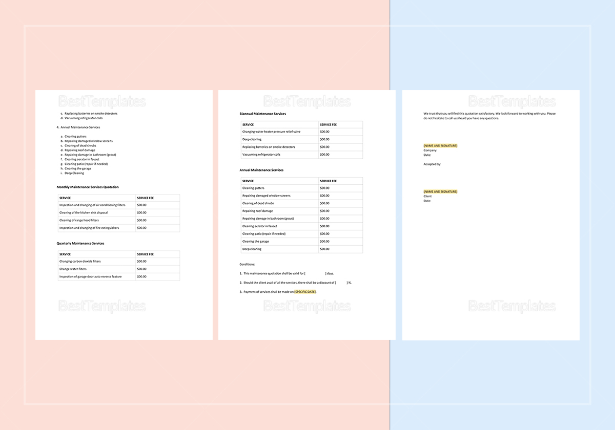 Maintenance Quotation Template in Word, Apple Pages