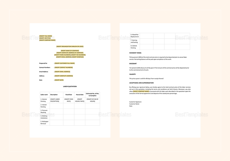 Labor Quotation Template in Word, Apple Pages