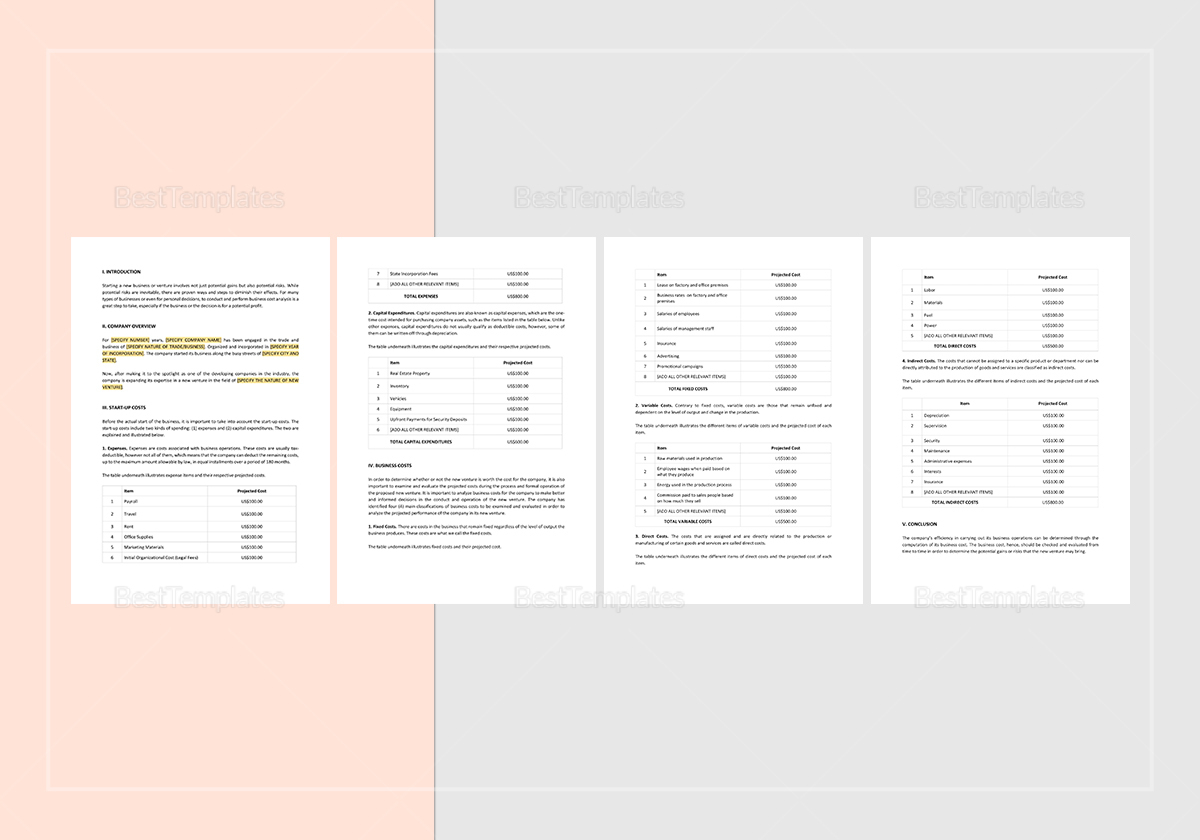 Business Cost Analysis Template in Word, Apple Pages