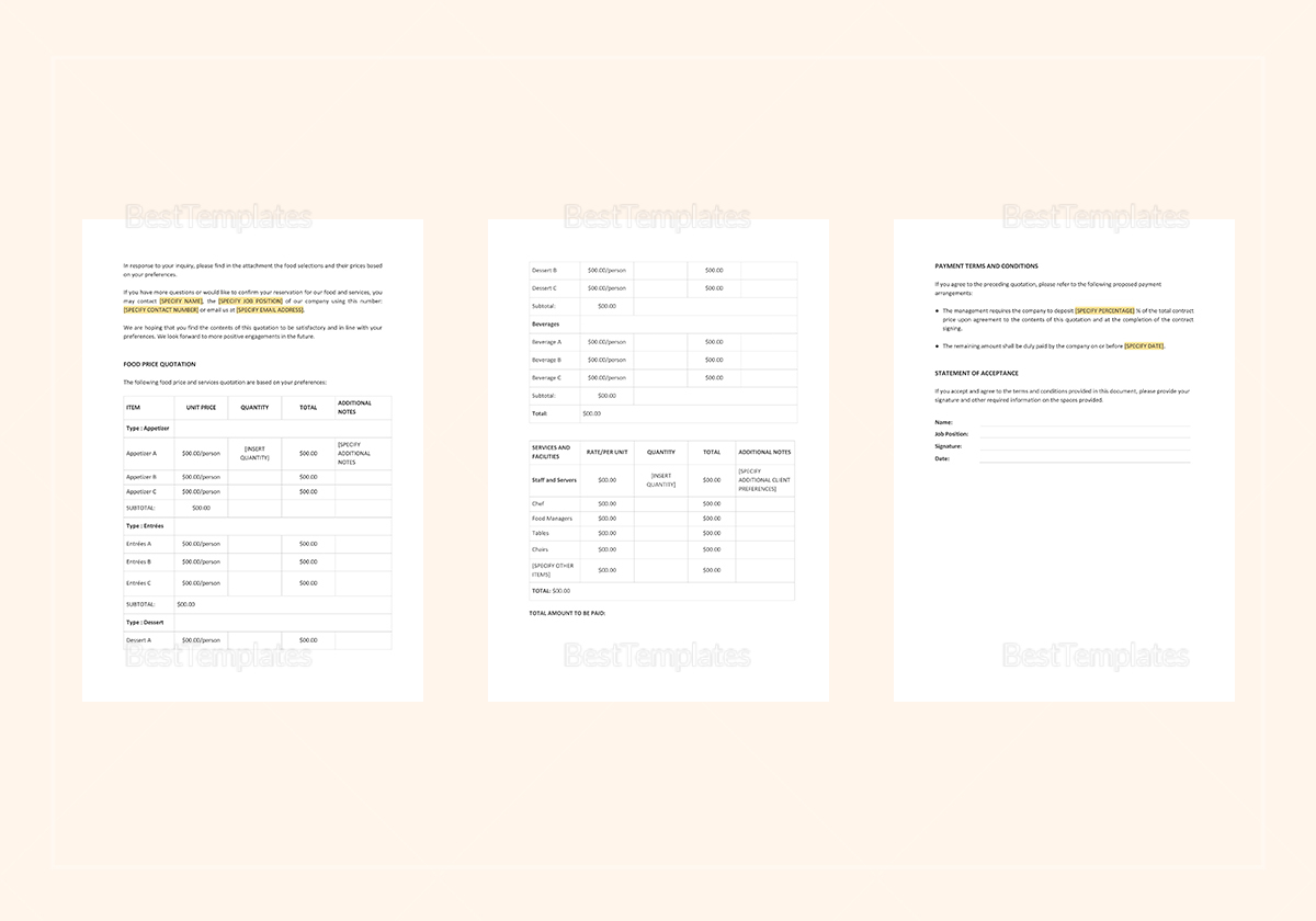 Food Price Quotation Template in Word, Apple Pages