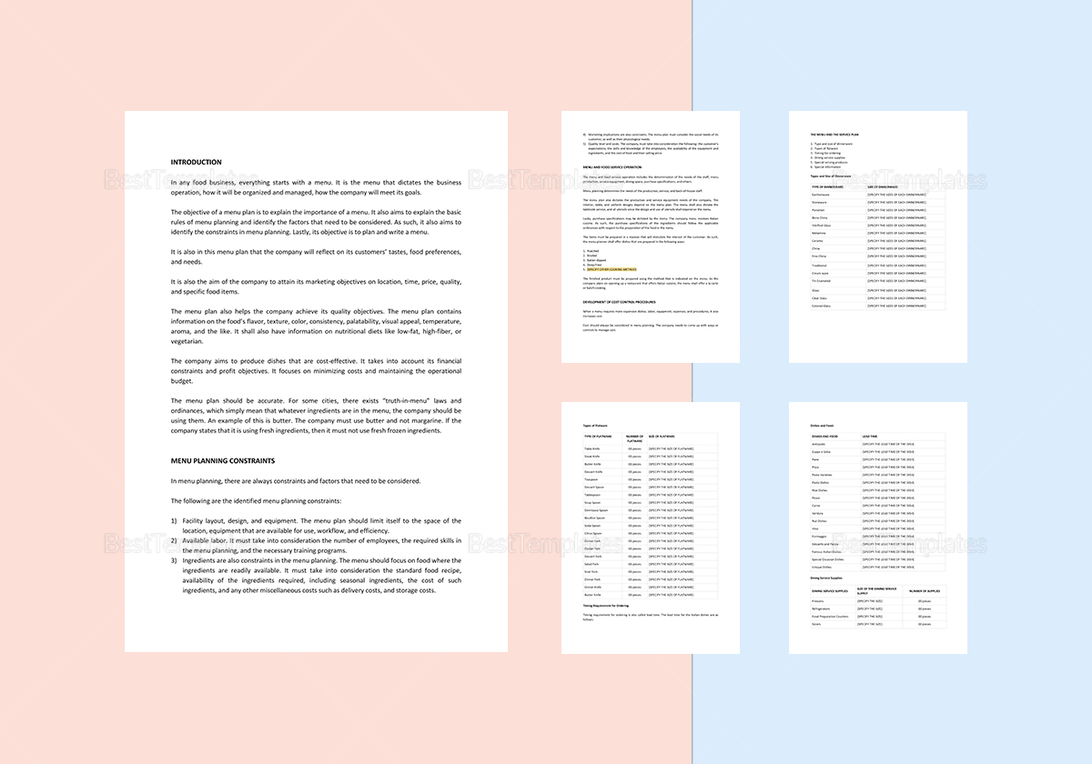 Menu Plan Template in Word, Apple Pages