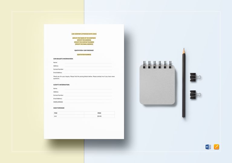 Car Purchase Quotation Template in Word, Apple Pages