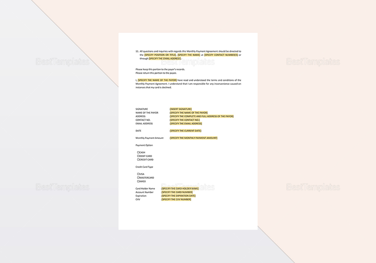 Monthly Payment Agreement Template in Word, Apple Pages