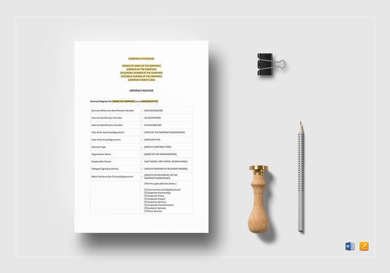 Contract Register Template in Word, Apple Pages