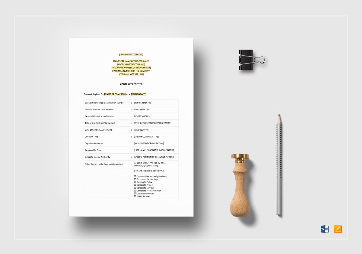Contract Register Template in Word, Apple Pages