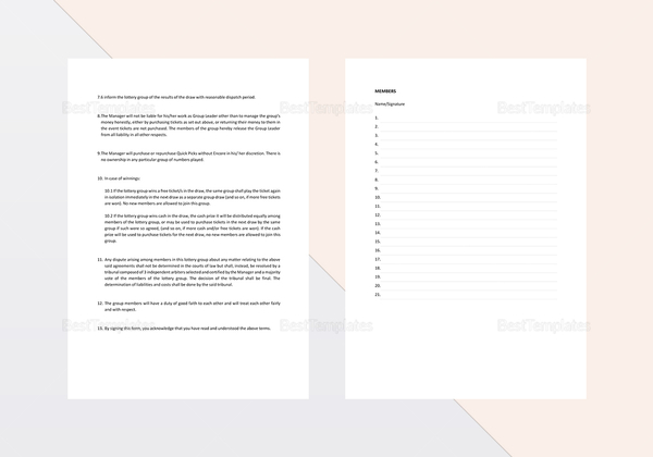 Lottery Pool Agreement Template in Word, Apple Pages
