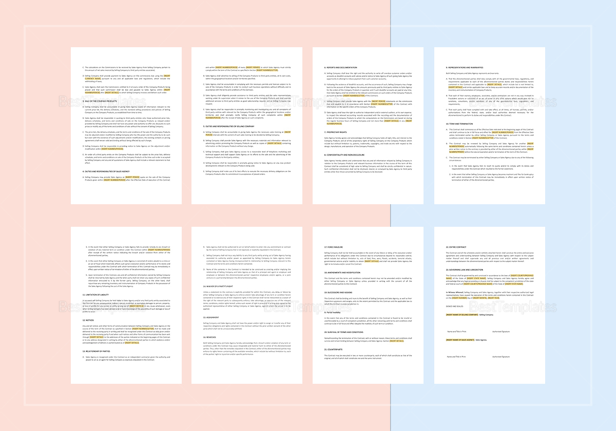 Sales Agency Contract Template in Word, Apple Pages