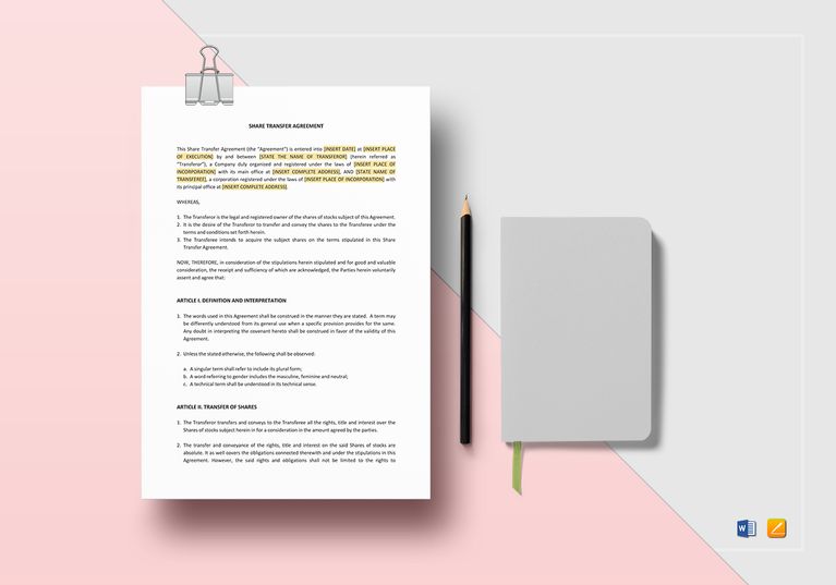 Shares Transfer Agreement Short Template in Word, Apple Pages