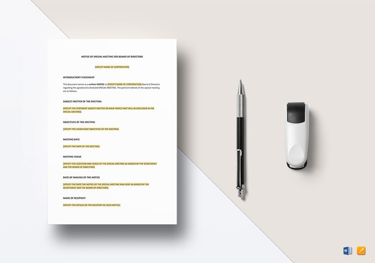 Notice of Meeting of Directors Special Template in Word, Apple Pages