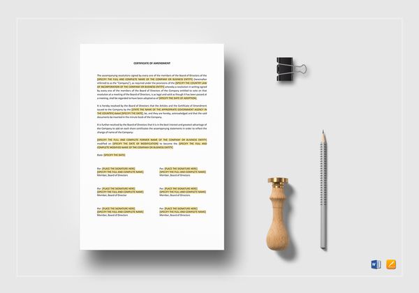 Certificate of Amendment Template in Word, Apple Pages