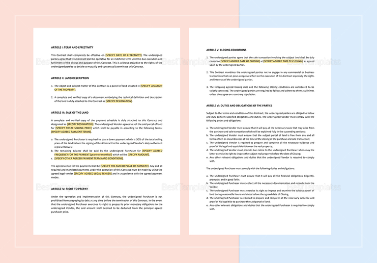 Land Contract Template in Word, Apple Pages
