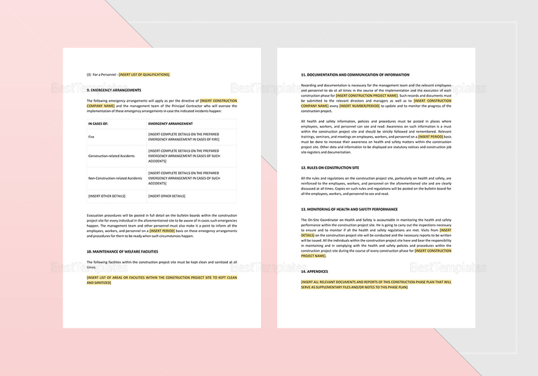 Construction Phase Plan Template in Word, Apple Pages