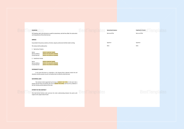 Food Service Contract Template in Word, Apple Pages