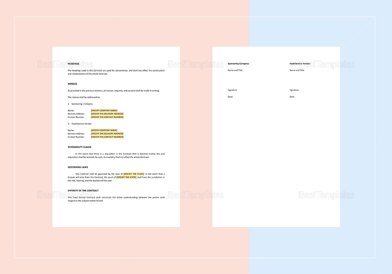 Food Service Contract Template in Word, Apple Pages