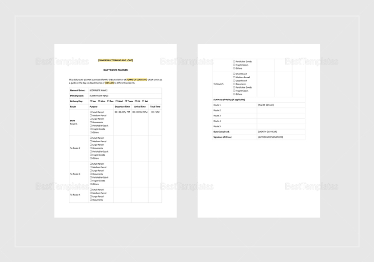 Daily Route Planner Template in Word, Apple Pages