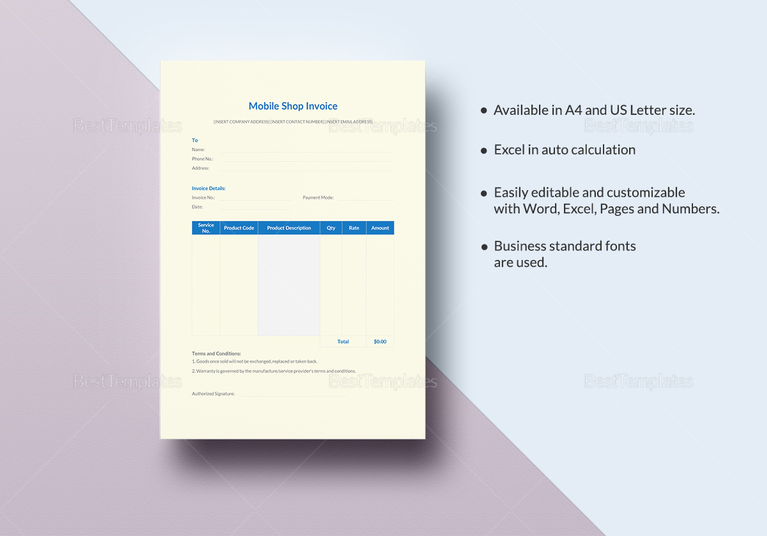 Mobile Shop Invoice Template in Word, Excel, Apple Pages, Numbers