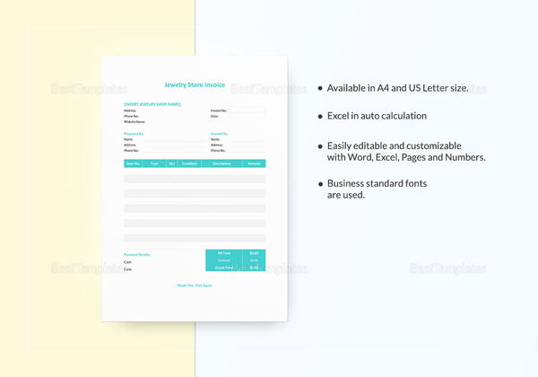 Jewelry Store Invoice Template in Word, Excel, Apple Pages, Numbers