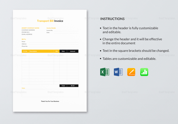 Transport Bill Invoice Template in Word, Excel, Apple Pages, Numbers