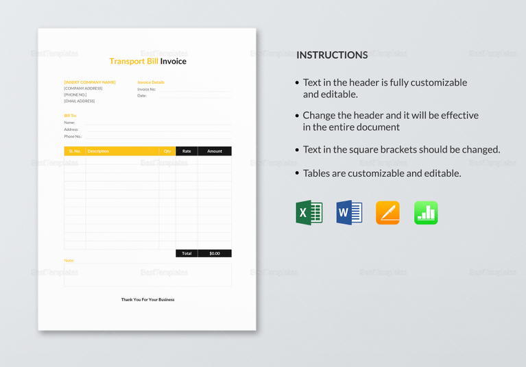 Transport Bill Invoice Template in Word, Excel, Apple Pages, Numbers