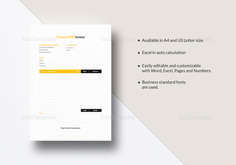 Transport Bill Invoice Template in Word, Excel, Apple Pages, Numbers