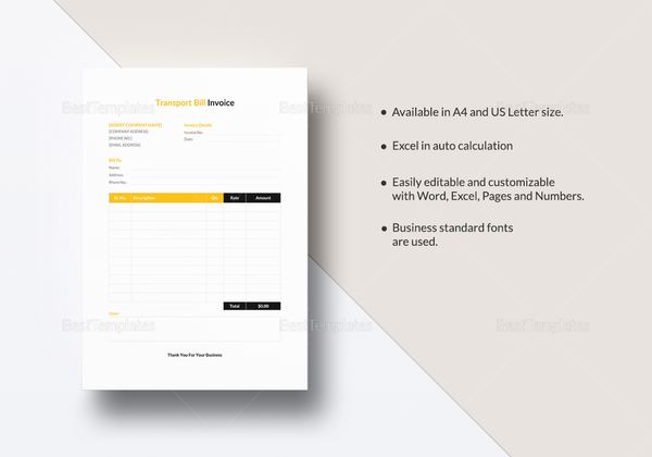 Transport Bill Invoice Template in Word, Excel, Apple Pages, Numbers