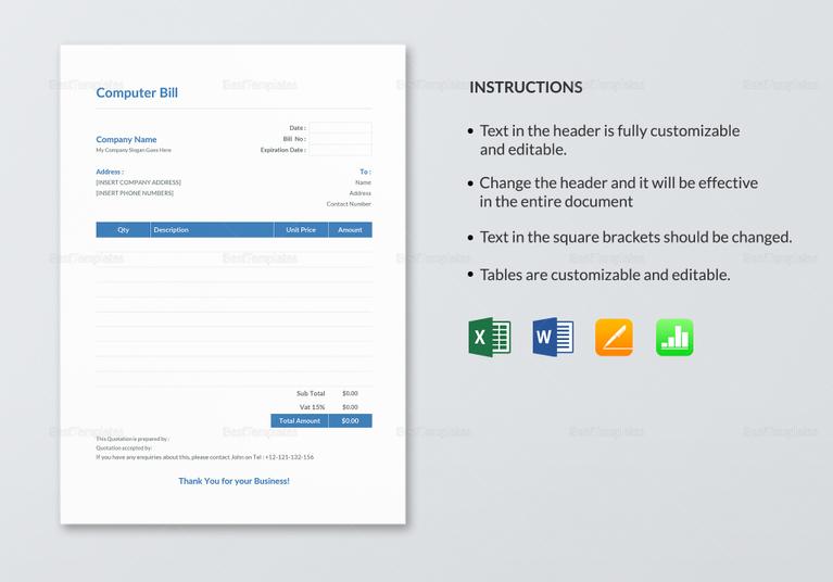 Computer Bill Format Template in Word, Excel, Apple Pages, Numbers