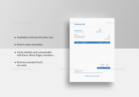 Computer Bill Format Template in Word, Excel, Apple Pages, Numbers
