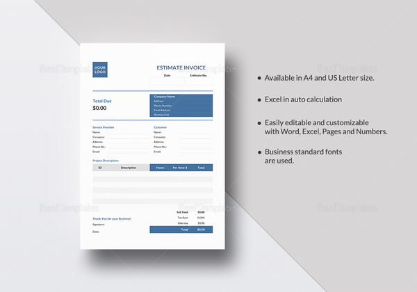 Estimate Invoice Template in Word, Excel, Apple Pages, Numbers