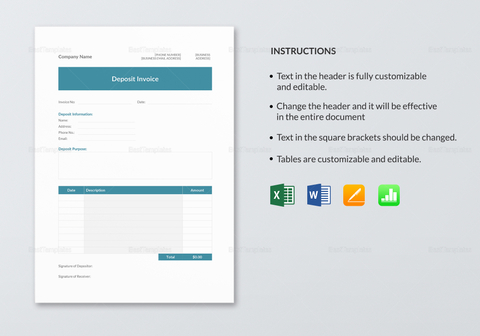 Deposit Invoice Template in Word, Excel, Apple Pages, Numbers
