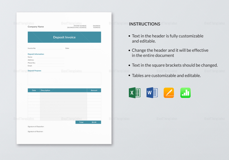 Deposit Invoice Template in Word, Excel, Apple Pages, Numbers
