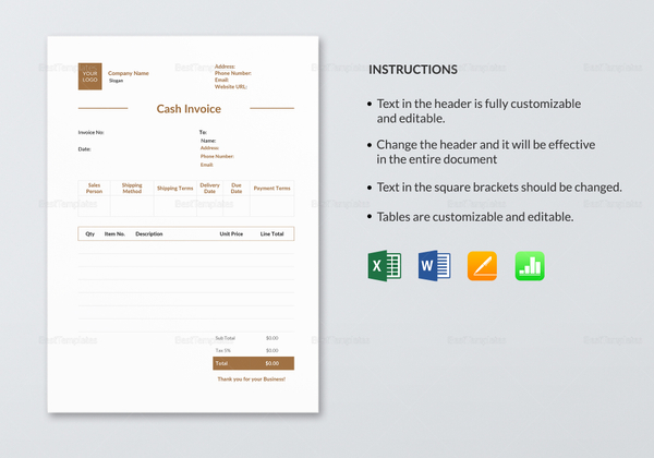 Cash Invoice Template in Word, Excel, Apple Pages, Numbers