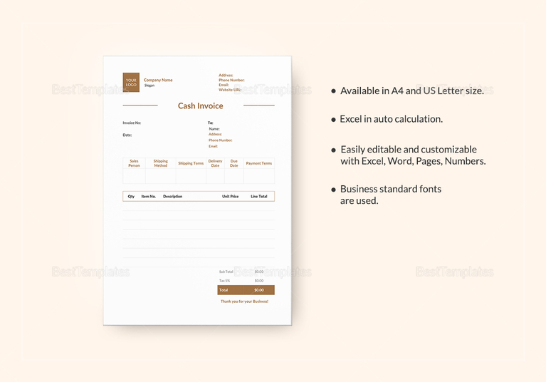 Cash Invoice Template in Word, Excel, Apple Pages, Numbers