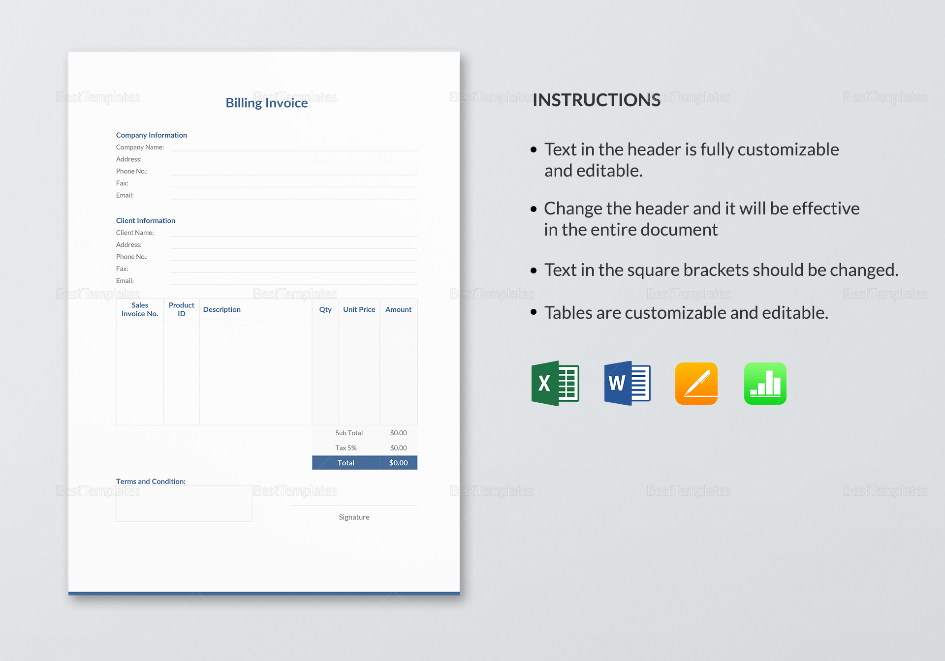 Billing Invoice Template in Word, Excel, Apple Pages, Numbers