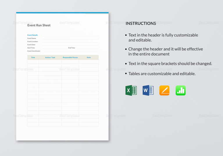 Event Run Sheet Template in Word, Excel, Apple Pages, Numbers