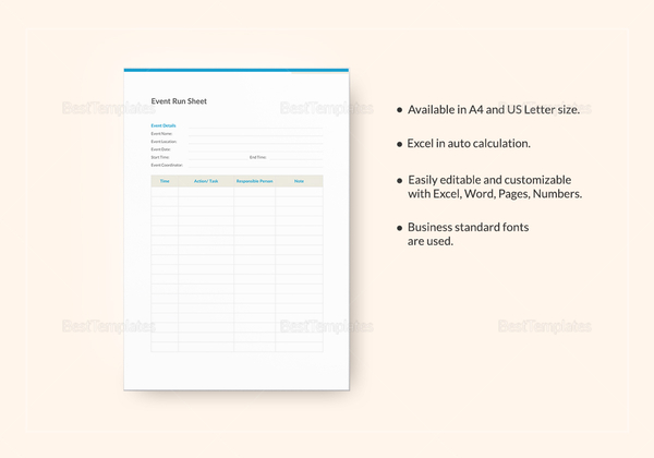 Event Run Sheet Template in Word, Excel, Apple Pages, Numbers