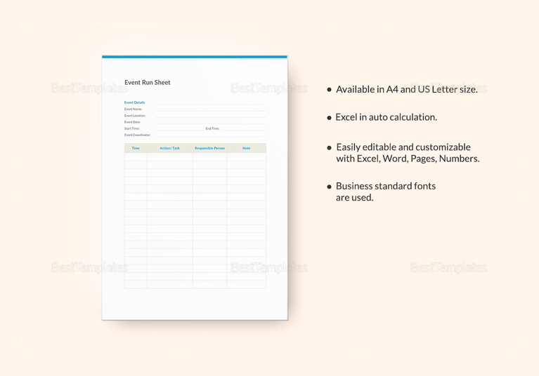 Event Run Sheet Template in Word, Excel, Apple Pages, Numbers