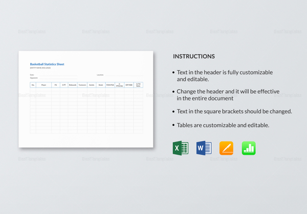 Blank Basketball Stat Sheet Template in Word, Excel, Apple Pages, Numbers
