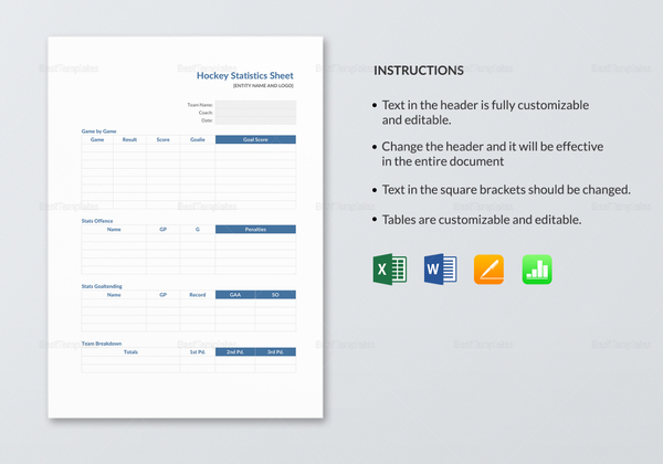Hockey Statistics Sheet Template in Word, Excel, Apple Pages, Numbers