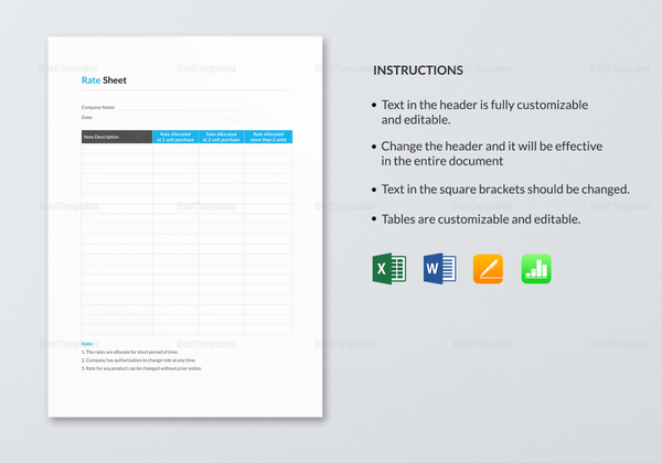 Rate Sheet Template in Word, Excel, Apple Pages, Numbers
